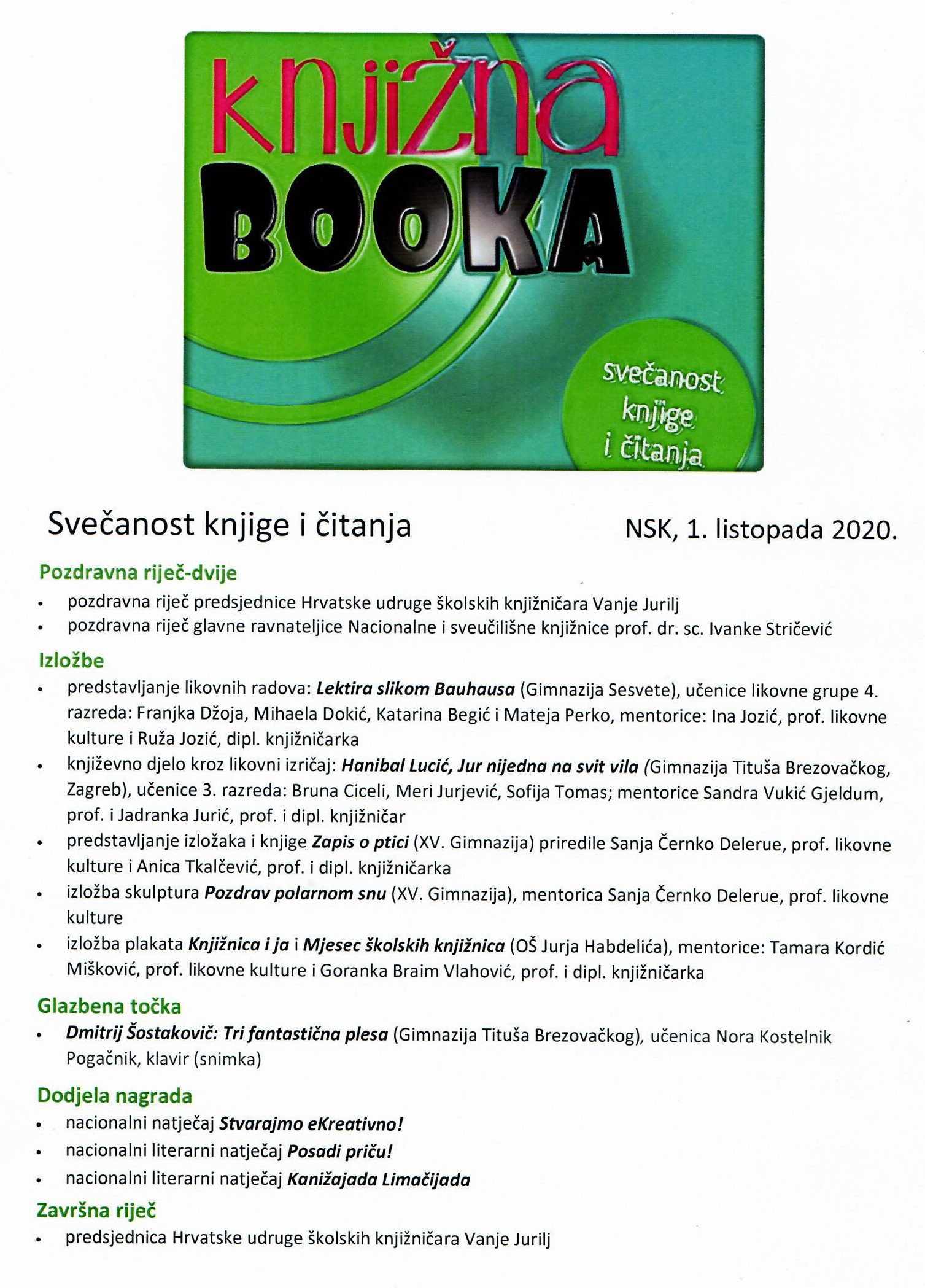 KNJIŽNA BOOKA – SVEČANOST KNJIGE I ČITANJA – Gornjogradska gimnazija Zagreb